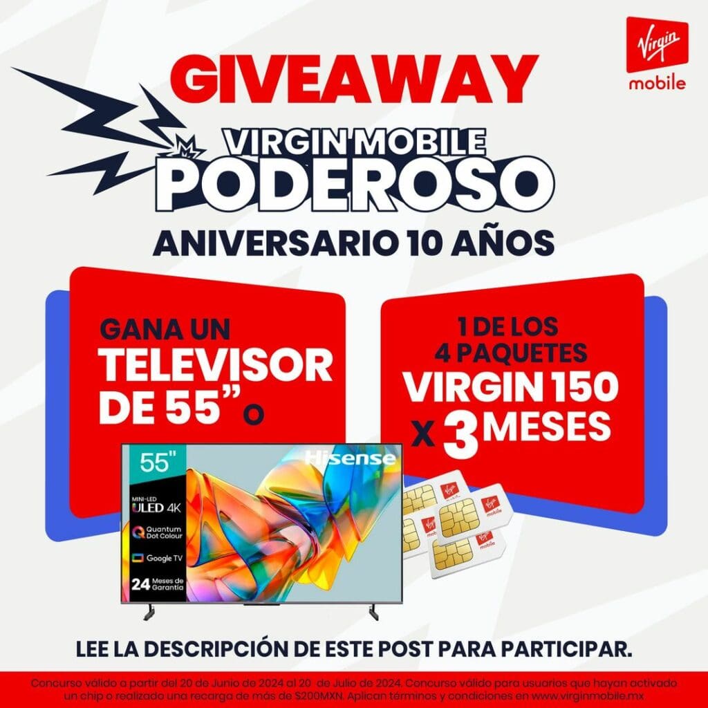 Giveaway de Aniversario Virgin Mobile: Gana una TV de 55" y más - Ganapromo